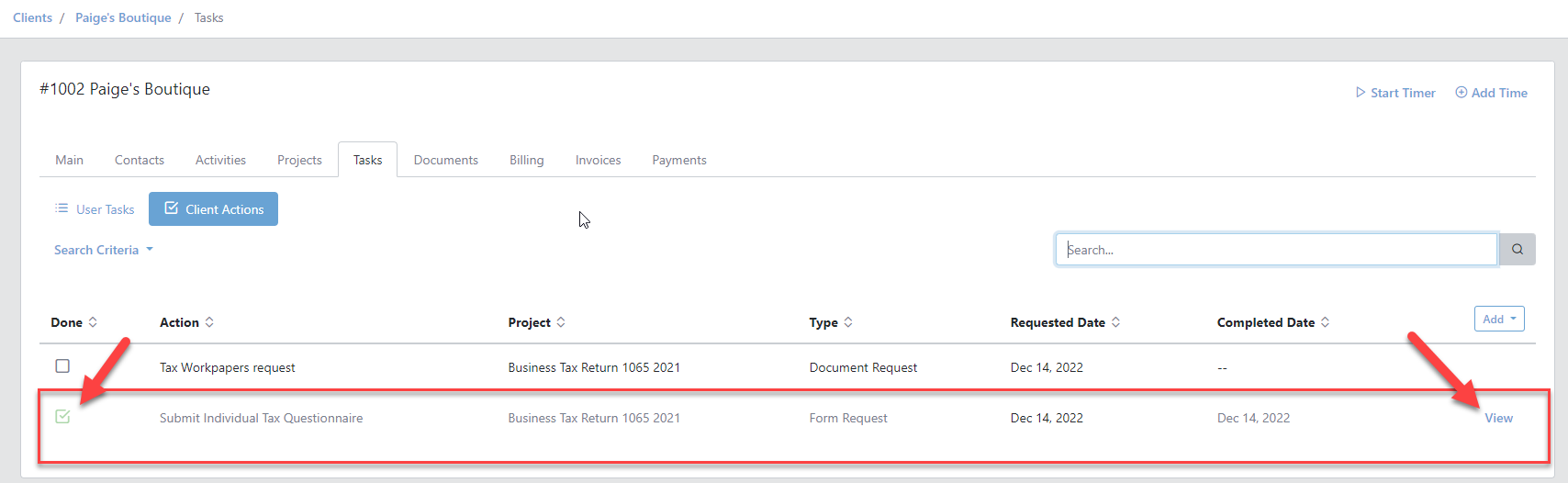 Client - Task Tab - Client Actions – Firm360