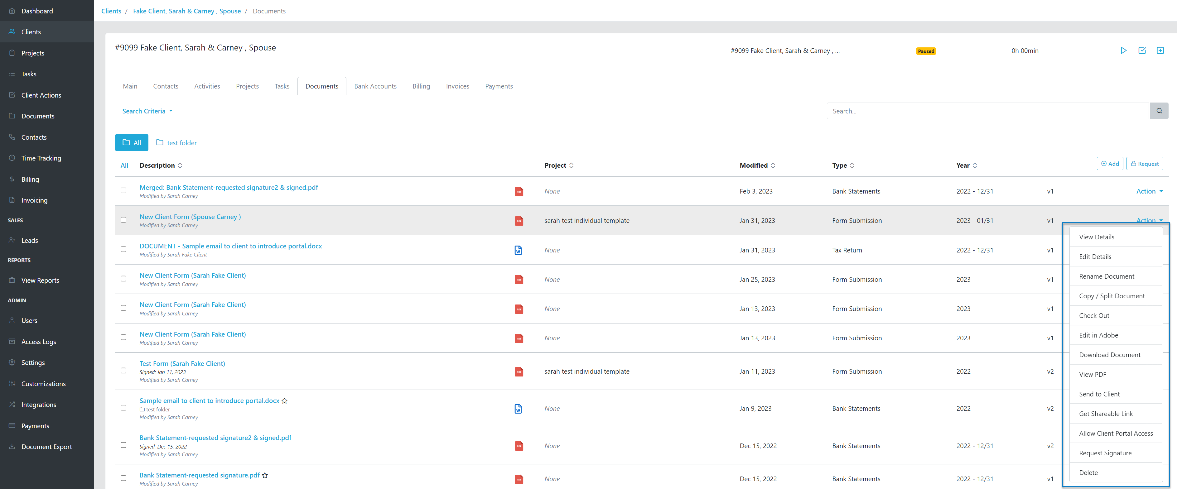 Documents- Action Drop Down Options – Firm360