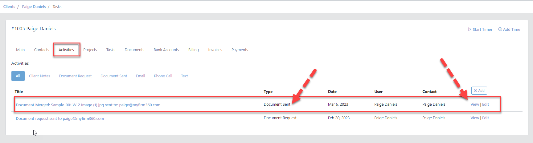 Client - Activities Tab – Firm360