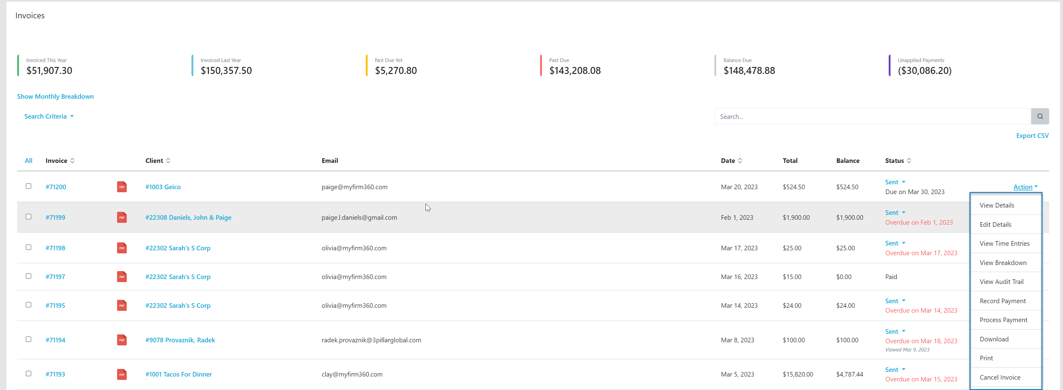 Invoicing- Action Drop Down Options – Firm360