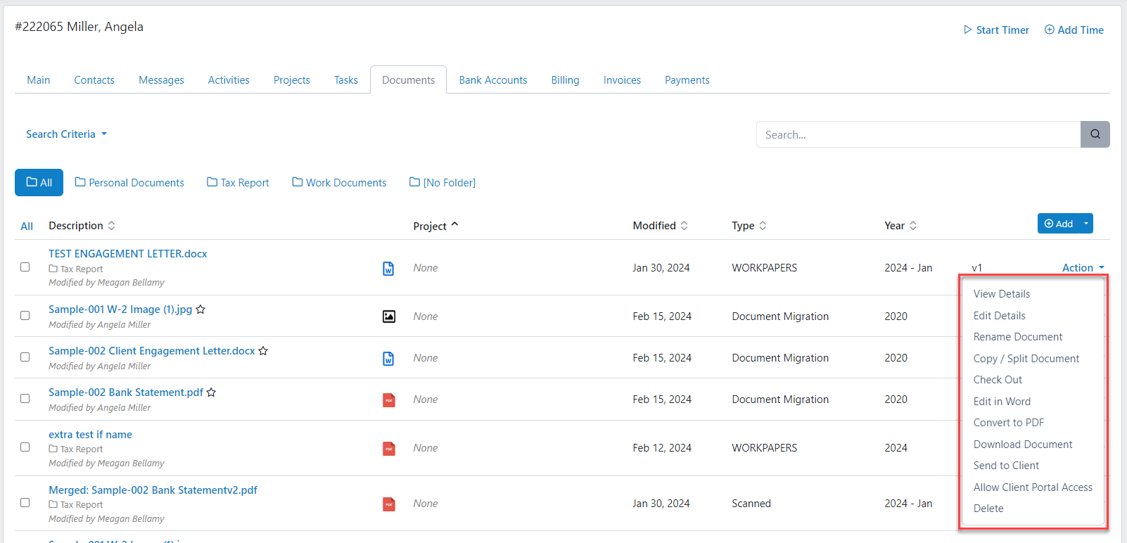 Documents Action Drop Down Options Firm360 