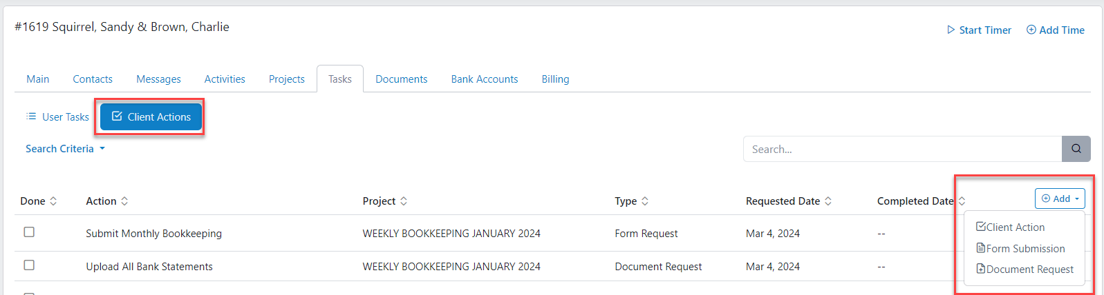 Client - Task Tab - Client Actions – Firm360