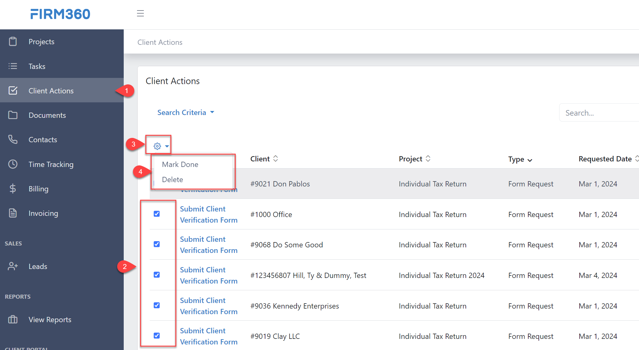 Client Actions - Bulk Delete / Bulk Mark Done – Firm360