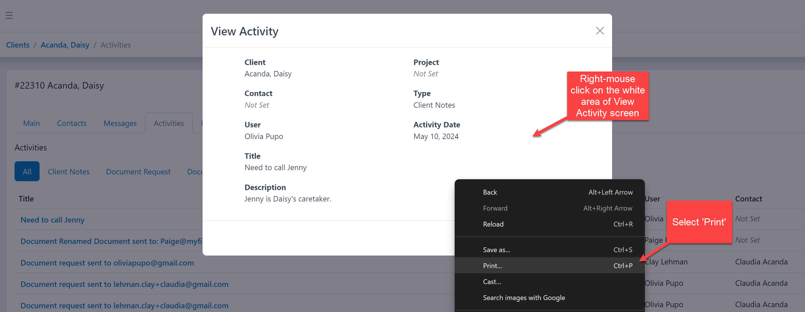 Client - Activities Tab – Firm360
