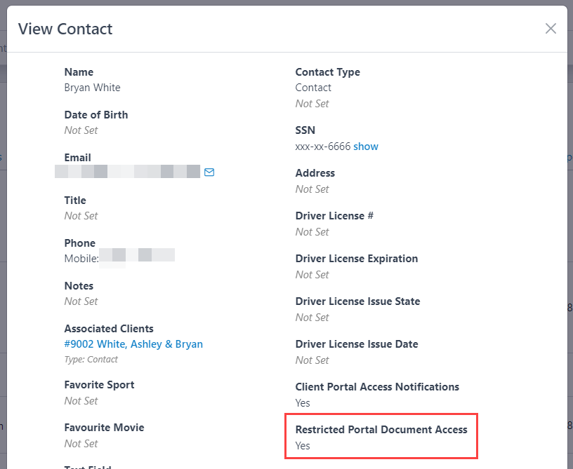 How can I restrict document access for a specific contact associated with a client in the client ...