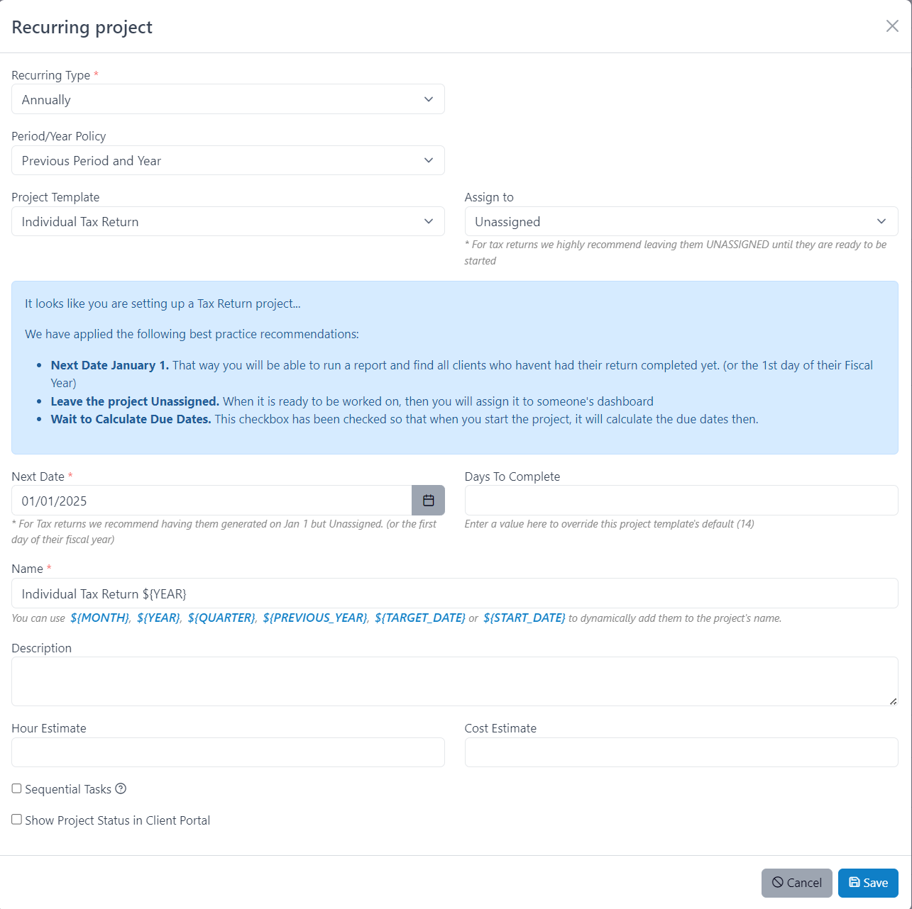 How do I create a recurring project, such as a tax return? – Firm360
