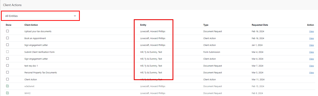 Client Portal - Client Action Displays Entity Types – Firm360