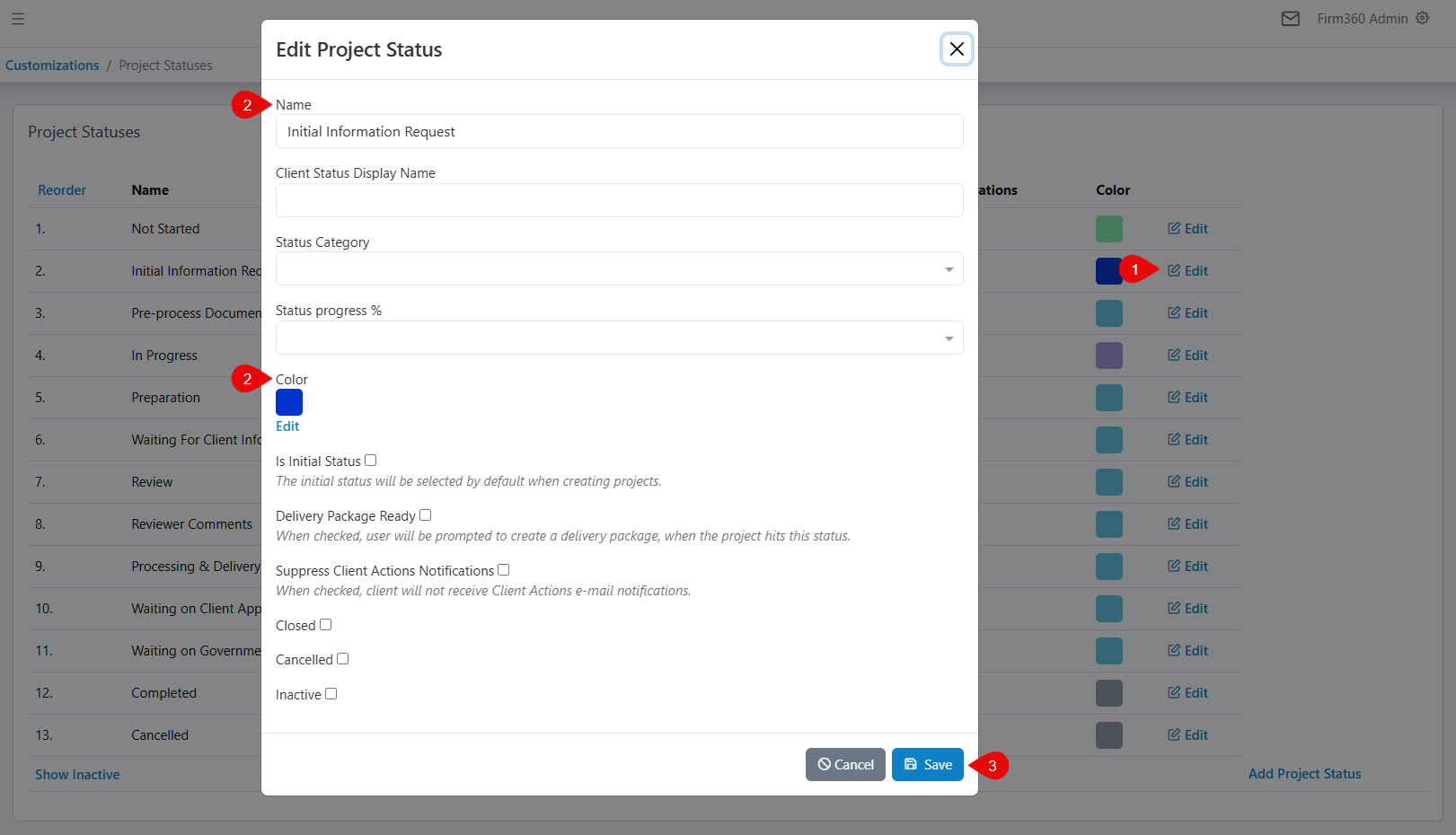Customizations- Project Statuses – Firm360