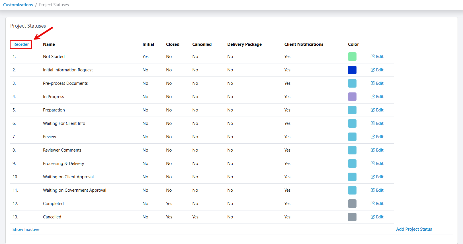 Customizations- Project Statuses – Firm360