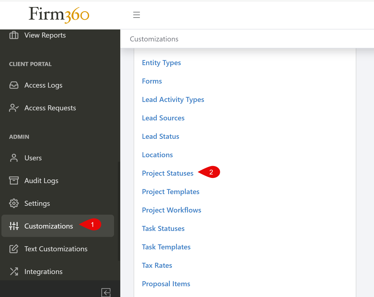 Customizations- Project Statuses – Firm360