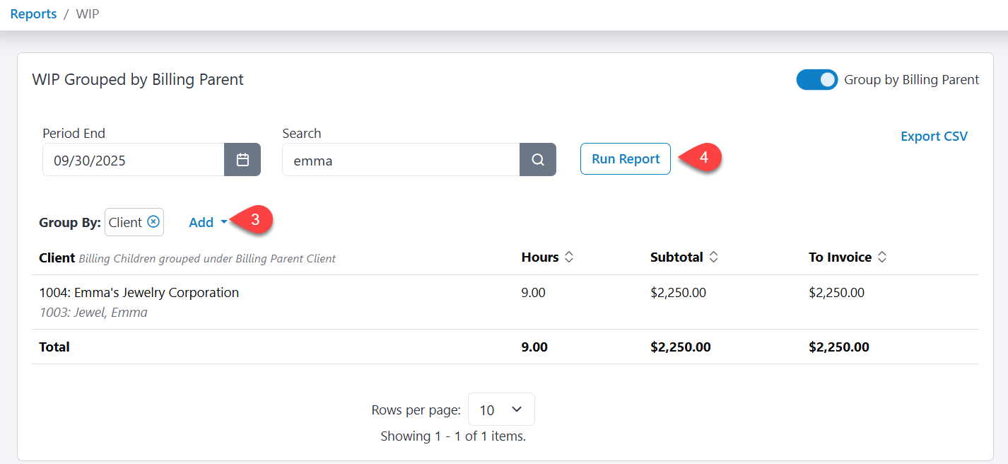 Billing - Group by Billing Parent in the WIP Report – Firm360