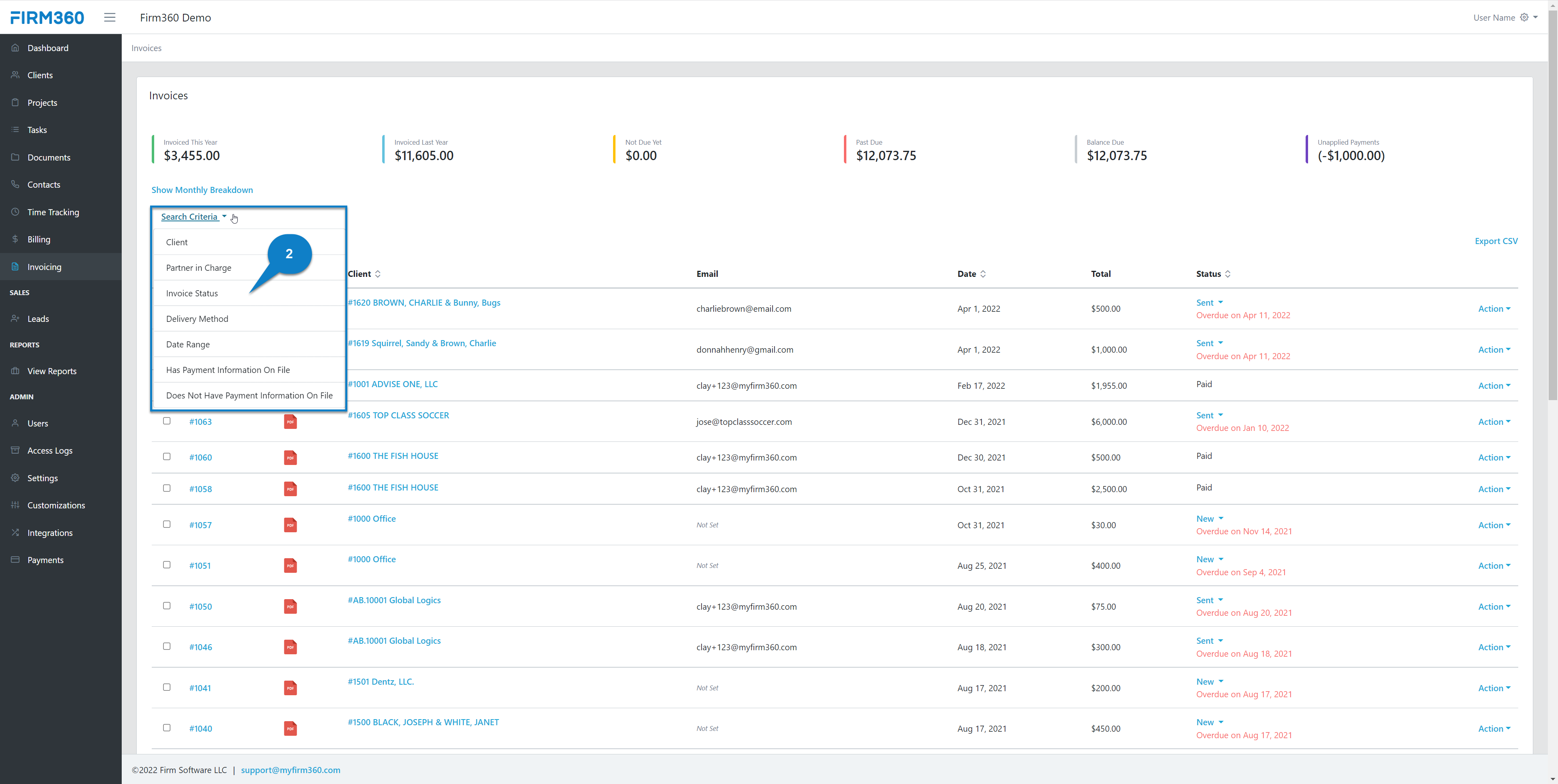 Invoice Search Criteria - Viewed/Unviewed by Client – Firm360