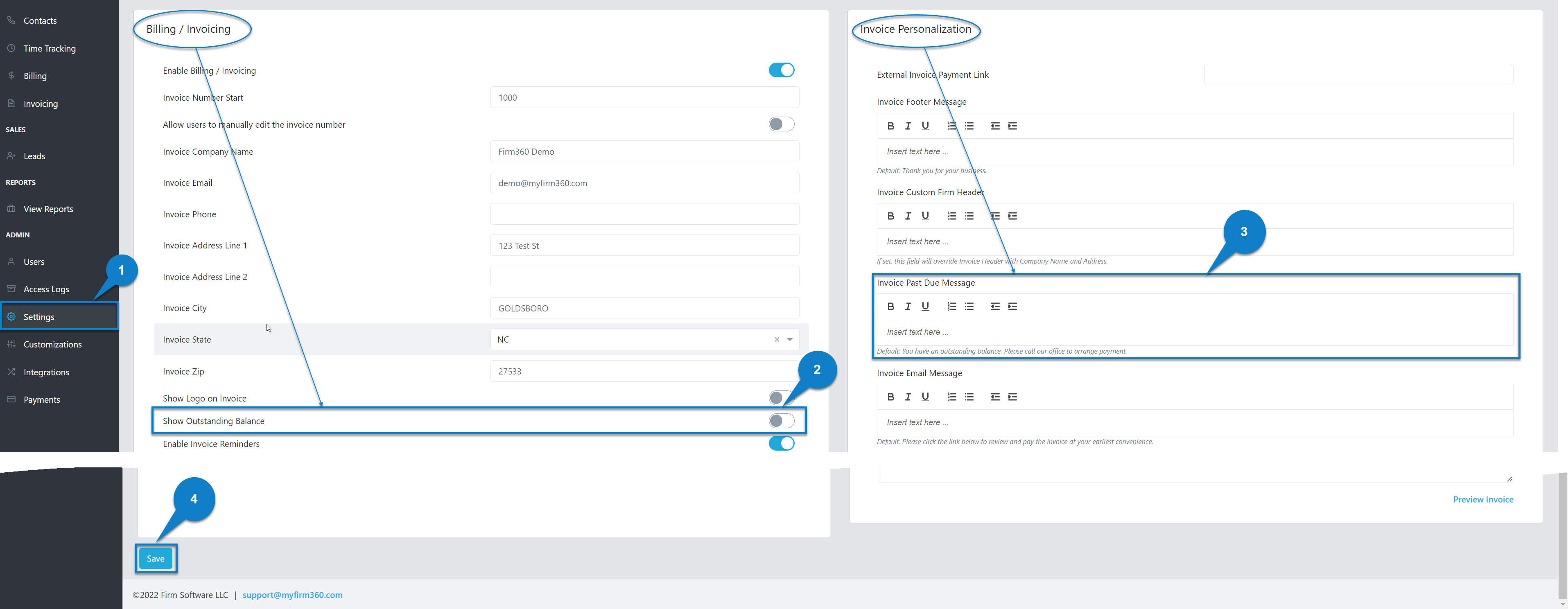 Invoice Total and Previous Due Descriptions – Firm360