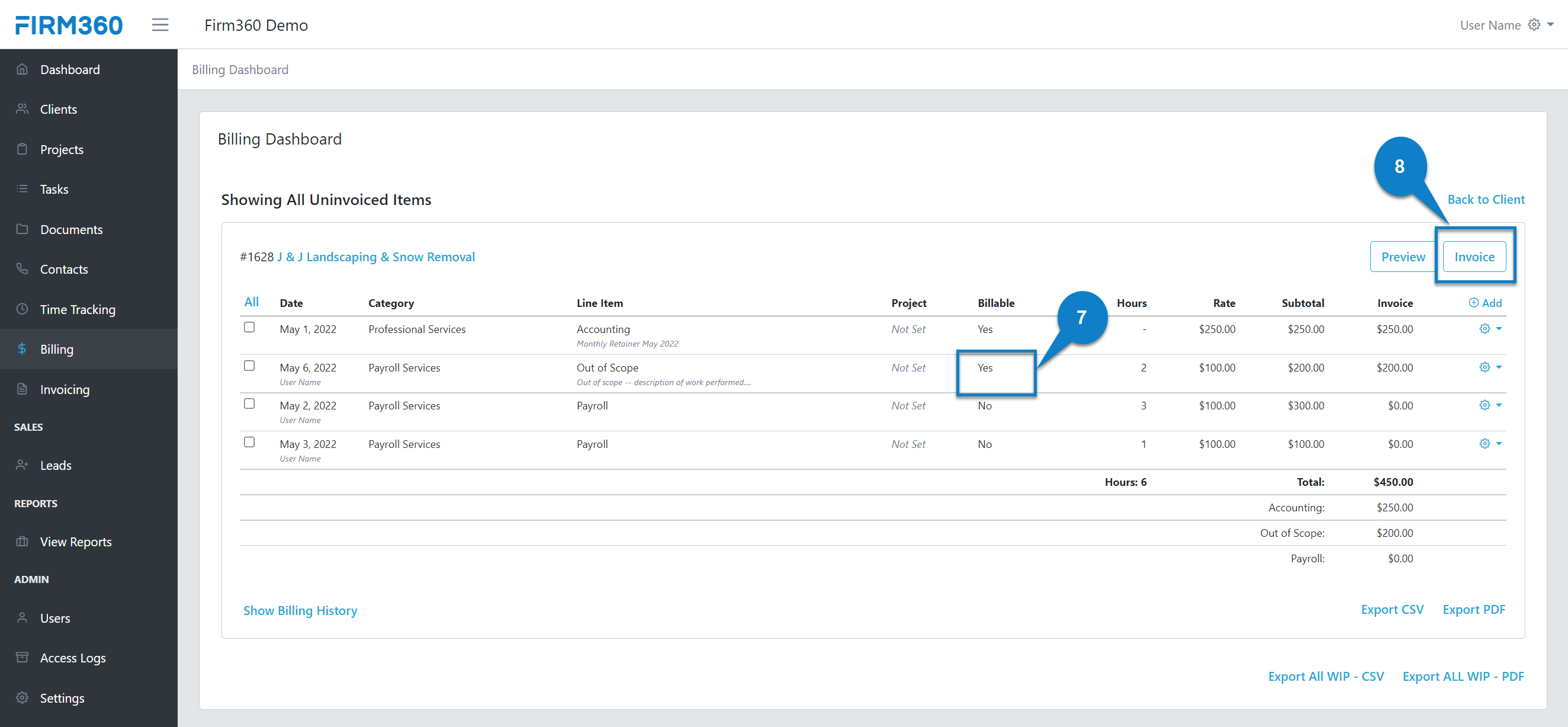 Invoicing - Generate Invoice with Active Client Engagement – Firm360