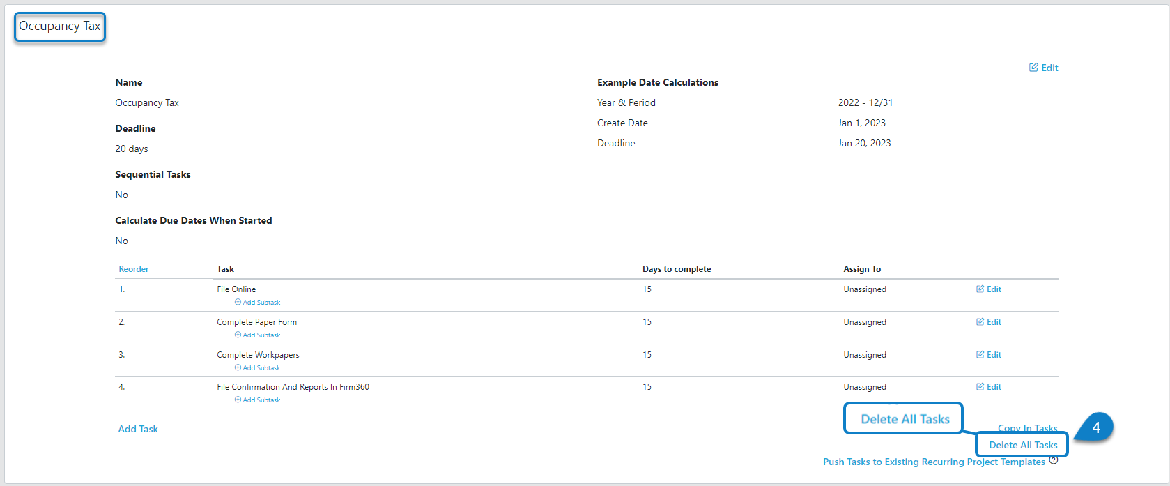 Delete All Tasks in Project Templates – Firm360