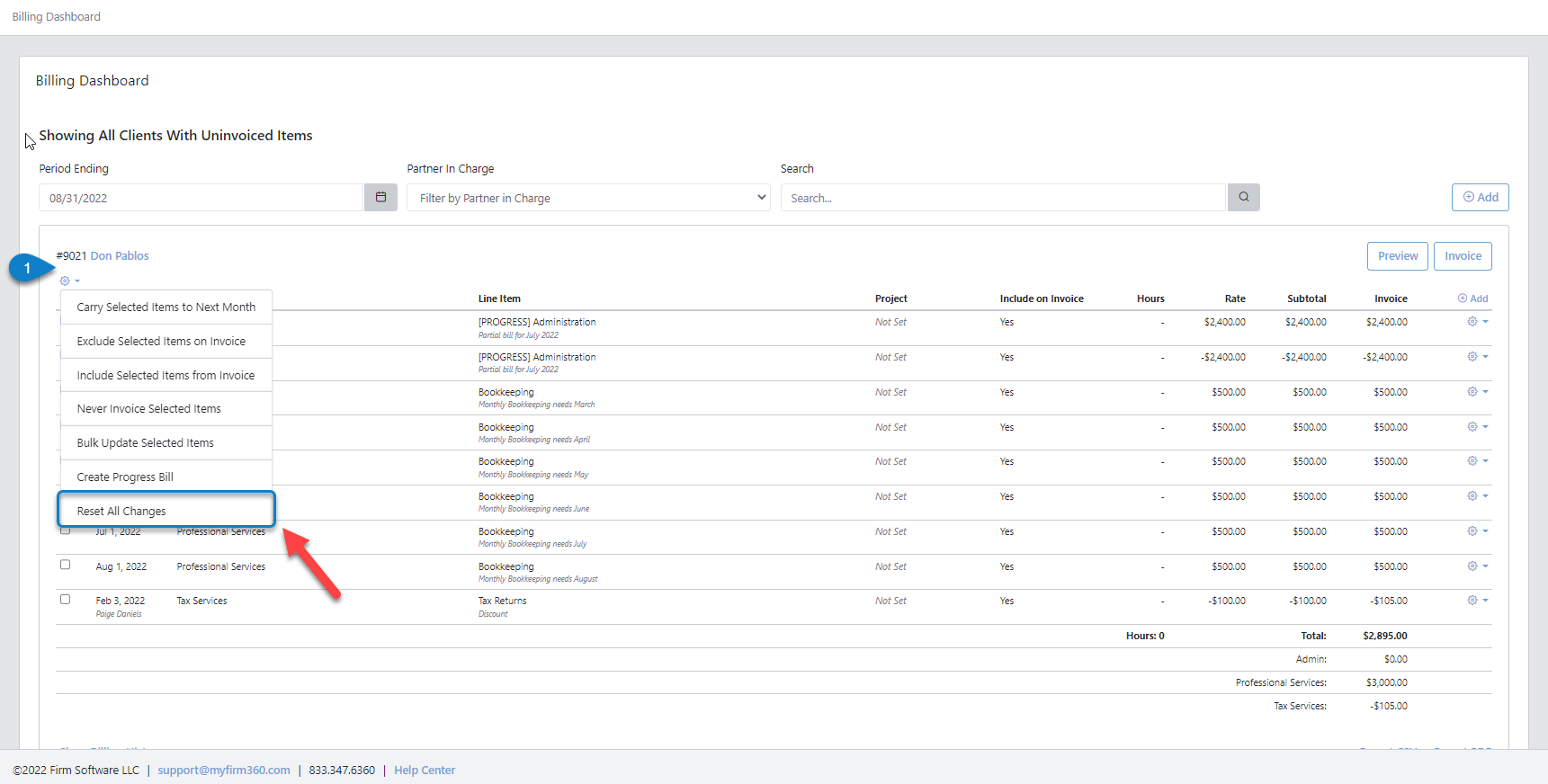 Billing - Reset All Changes Option – Firm360