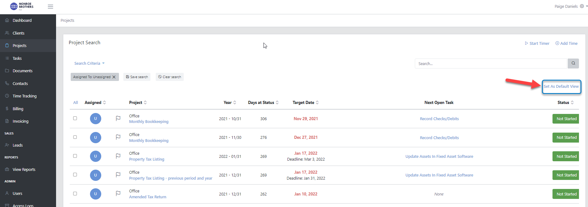 Set as Default View - Client, Project, and Task Tab – Firm360